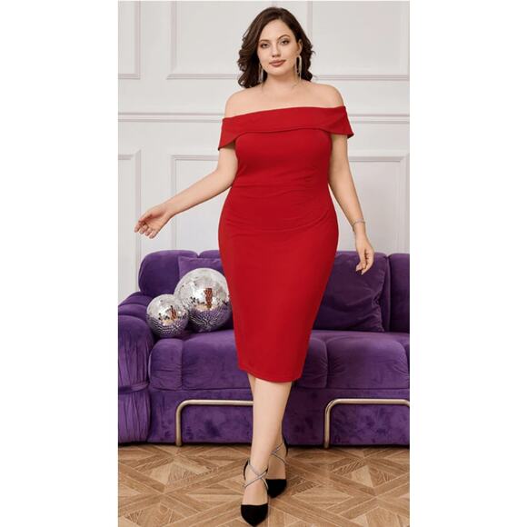 Hanna Nikole | Dresses | Hanna Nikole Off Shoulder Back Slit Ruched Hips Wrapped Midi Dress 2w ...